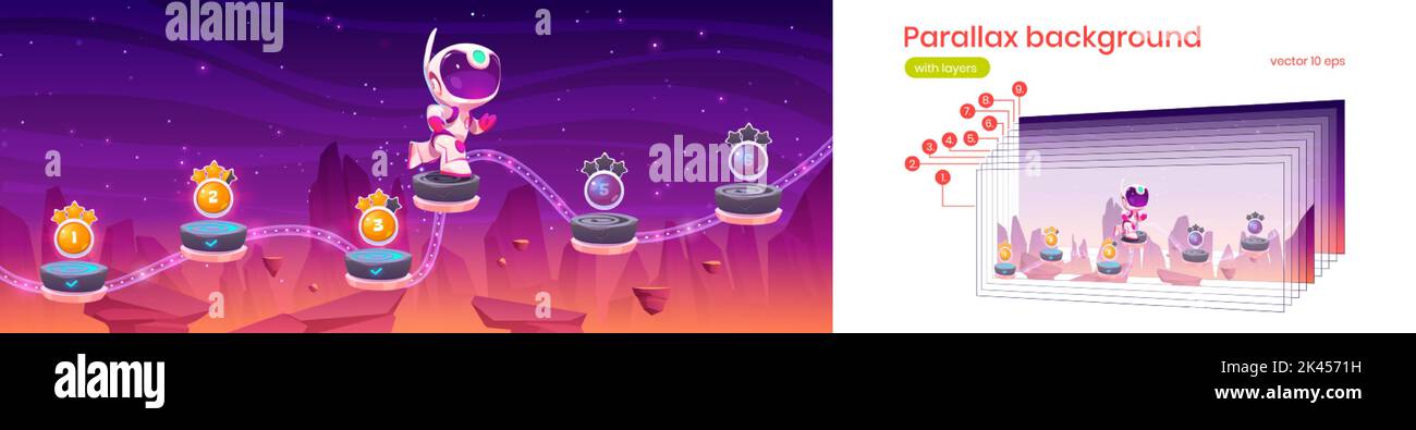 Parallax background with astronaut jump on platforms with bonus assets ...