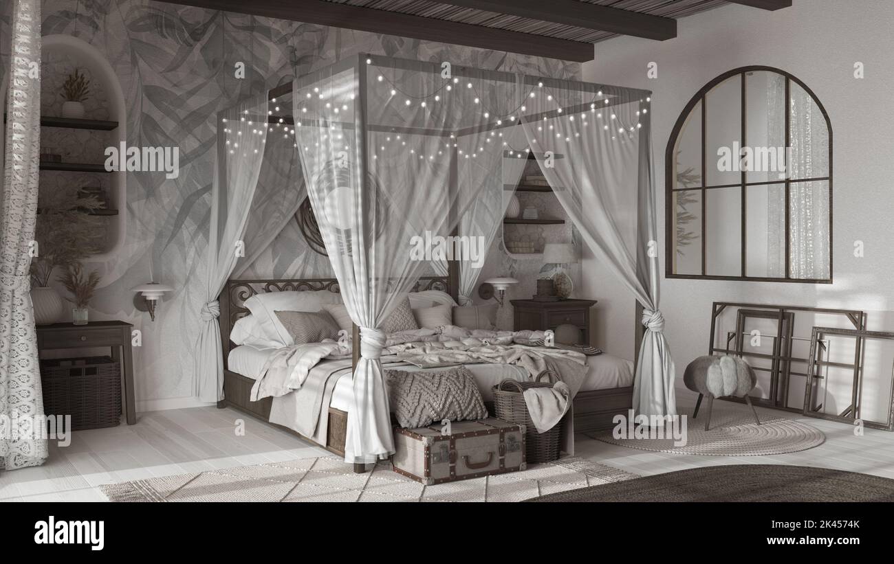 Elegant bedroom with canopy bed in white and dark tones. Parquet ...