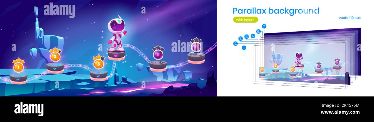 Parallax background of game level map with little astronaut and platforms with numbers of stages ...