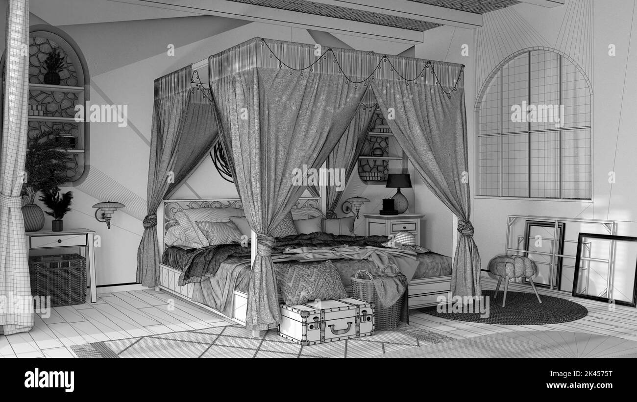 Blueprint unfinished project draft, elegant bedroom with canopy bed ...