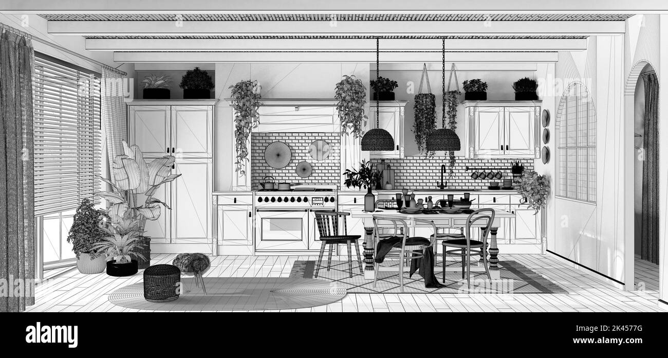 Blueprint unfinished project draft, panoramic view of contemporary ...