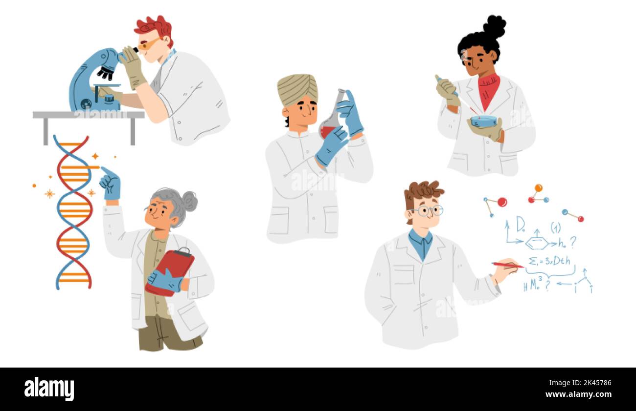 Set of laboratory scientists. Flat characters using microscope ...