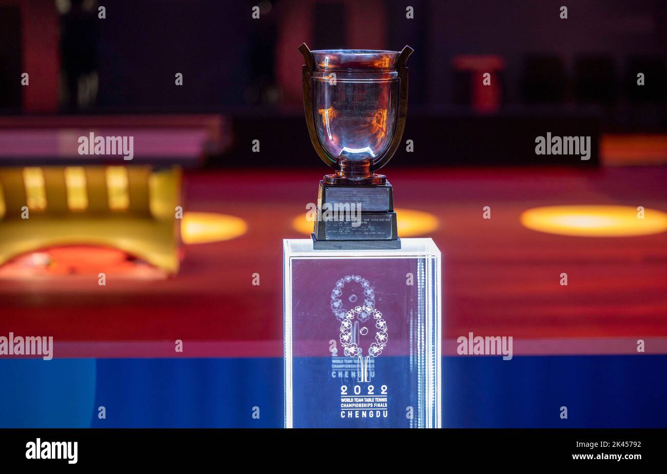 CHENGDU, CHINA - SEPTEMBER 29, 2022 - Corbillon Cup trophy is displayed ...