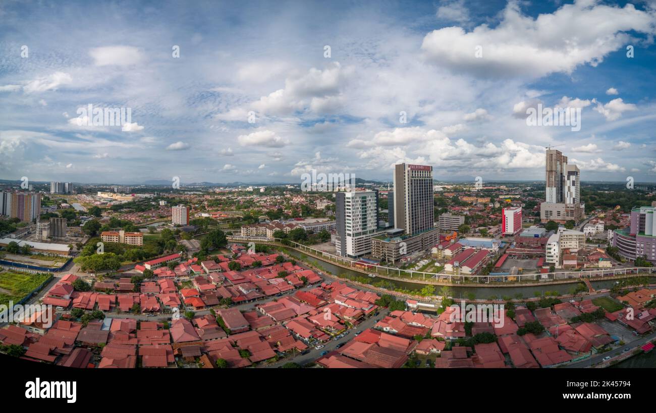 An aerial view of the beautiful Malacca skyline with red houses and ...