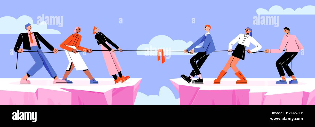 Business teams tug of war battle over mountain gap. Opposite groups ...