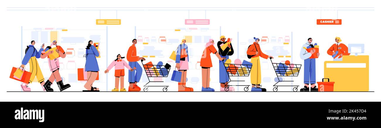 People queue in supermarket. Customers with goods in trolleys stand in ...
