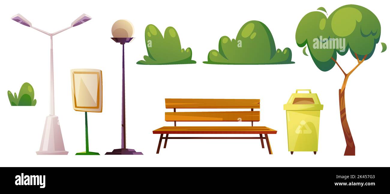 Set of city elements, constructor, cartoon park items. Green tree ...