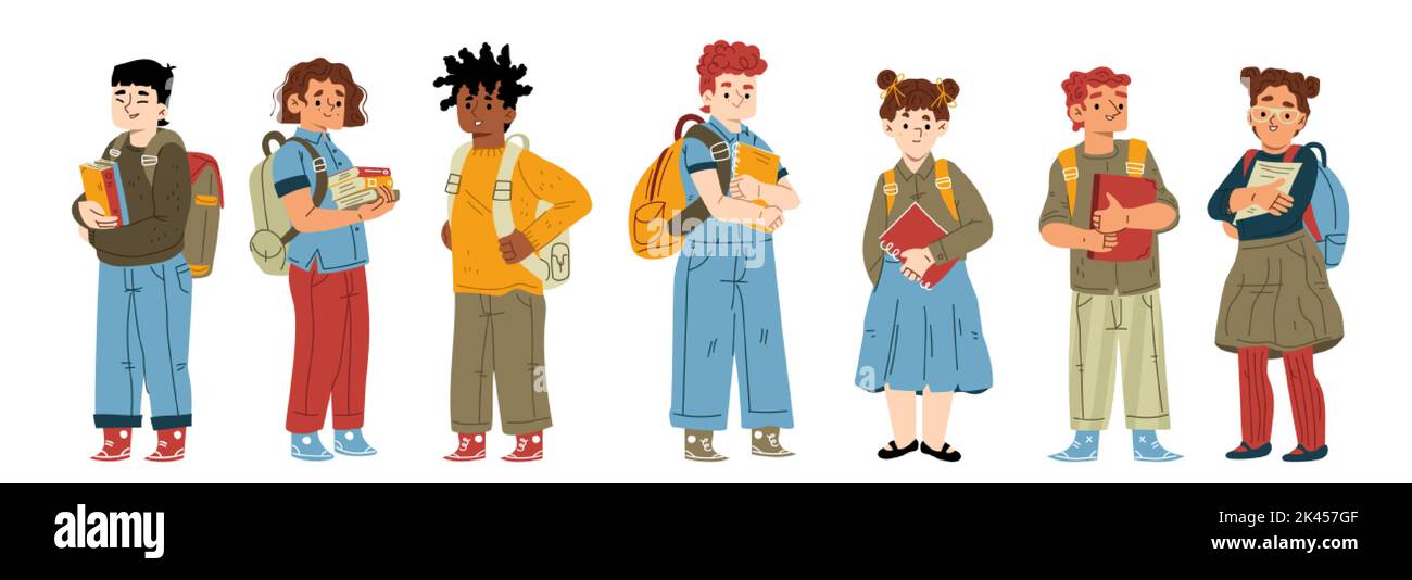 School students, cute children with backpacks and books. Diverse boys ...