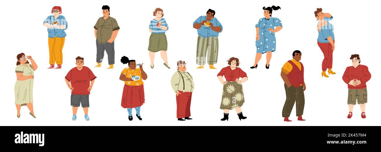 Body positive fat people with unhealthy food isolated on white ...