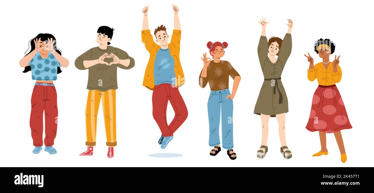 Happy young people showing positive emotions with gestures. Set of flat ...