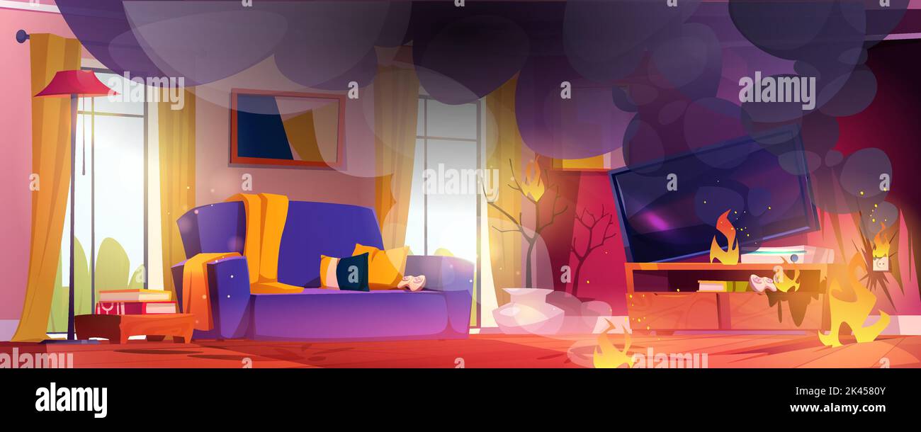 House room in fire. Flame and black smoke clouds inside of home ...