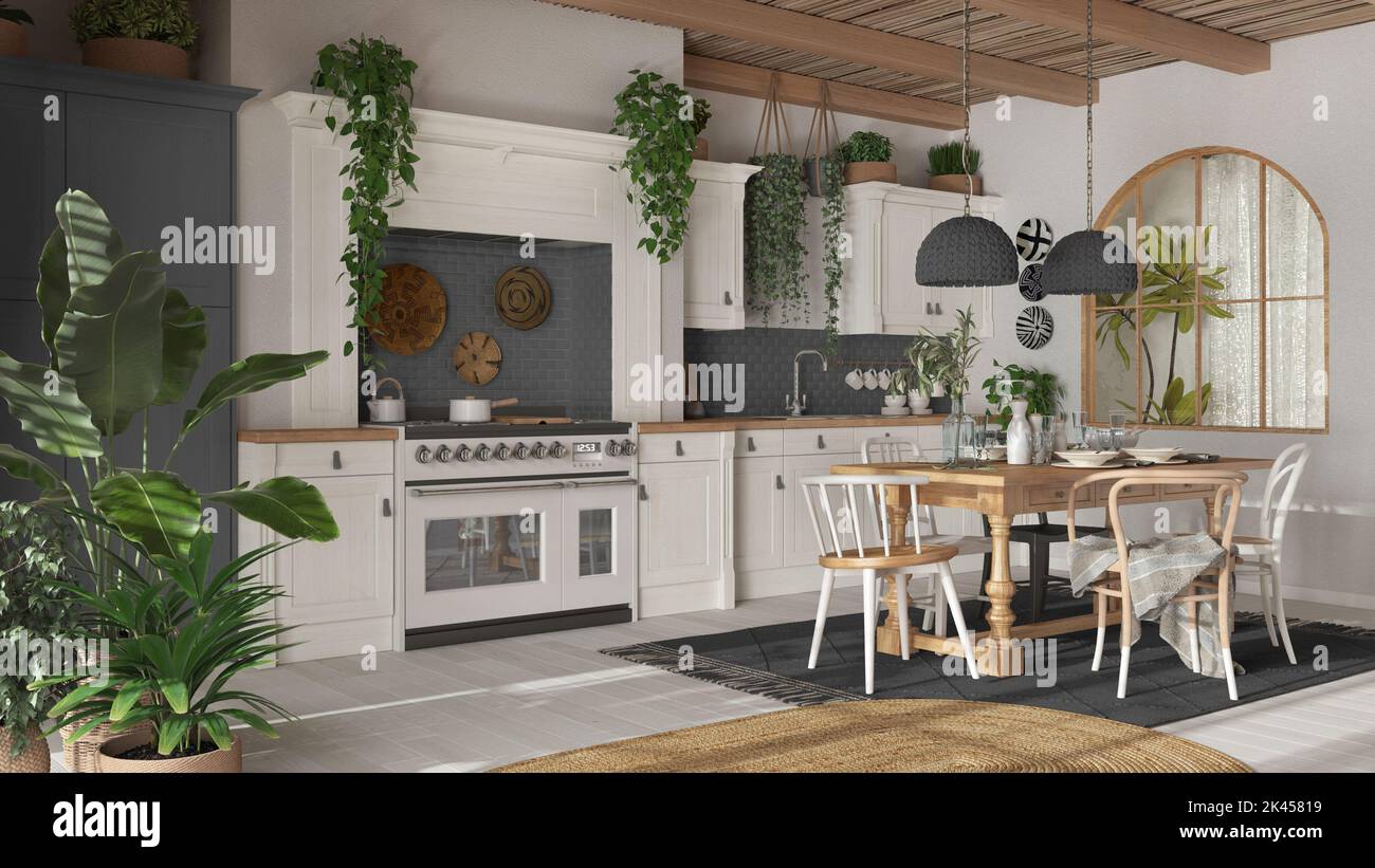 Kitchen and dining room with wooden details in bohemian style. Table ...