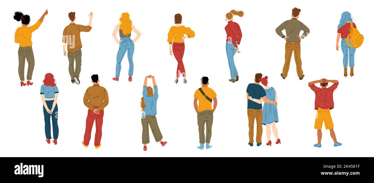 Back view of standing diverse people. Men and women characters in ...