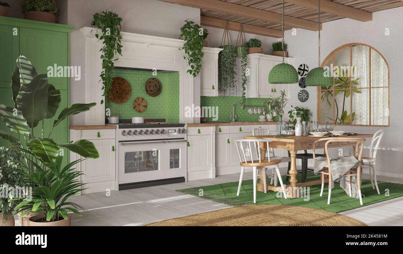 Kitchen and dining room with wooden details in bohemian style. Table ...