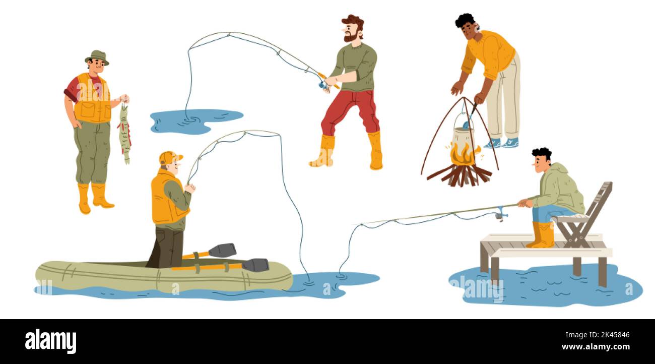 Set of men fishing isolated on white background. Collection of ...