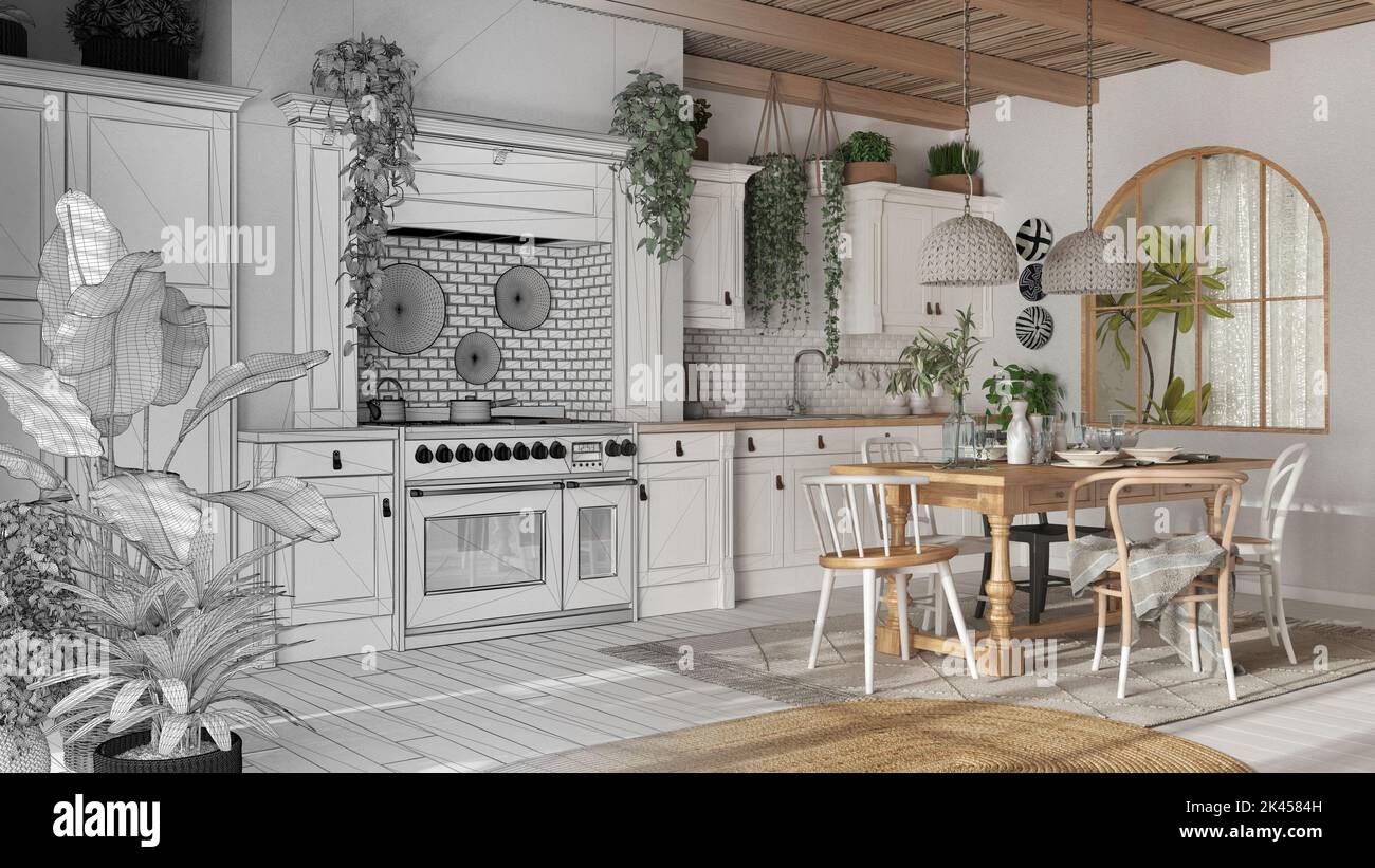 Architect interior designer concept: hand-drawn draft unfinished ...