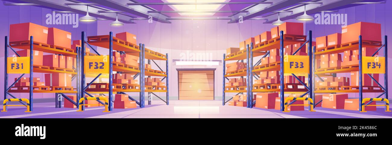 Empty warehouse with cardboard boxes on metal racks. Storage room ...