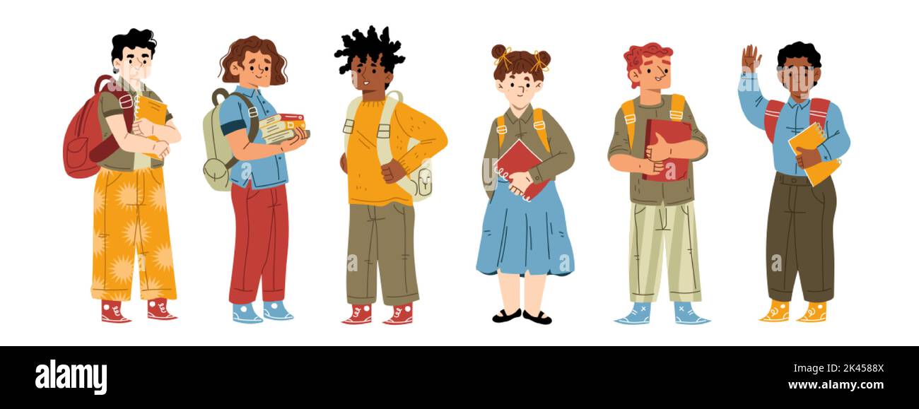 Kids students or pupils with backpacks and textbooks. Preteen boys and ...