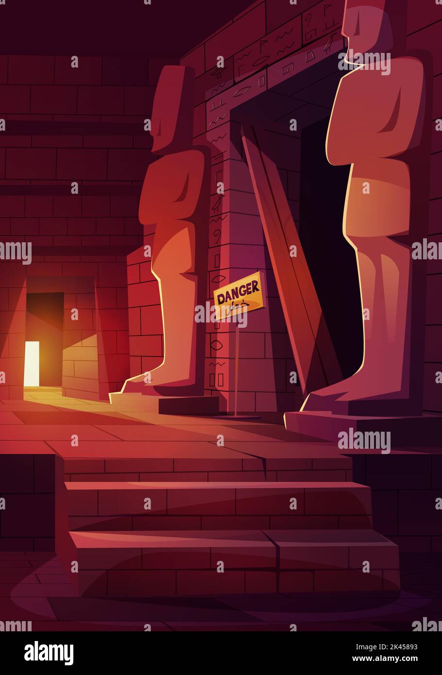 Egypt temple or pyramid interior, tomb room with brick walls, statues ...