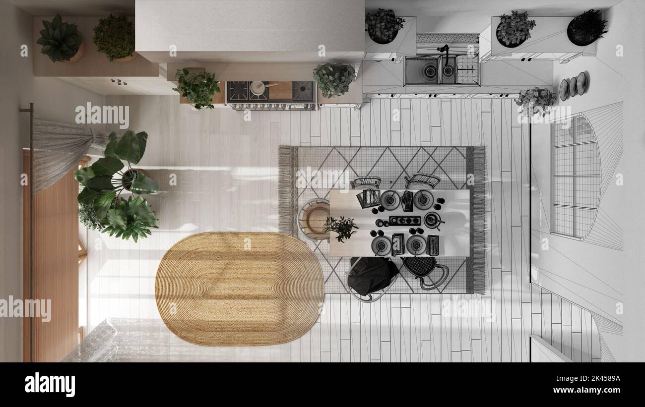 Architect interior designer concept: hand-drawn draft unfinished ...