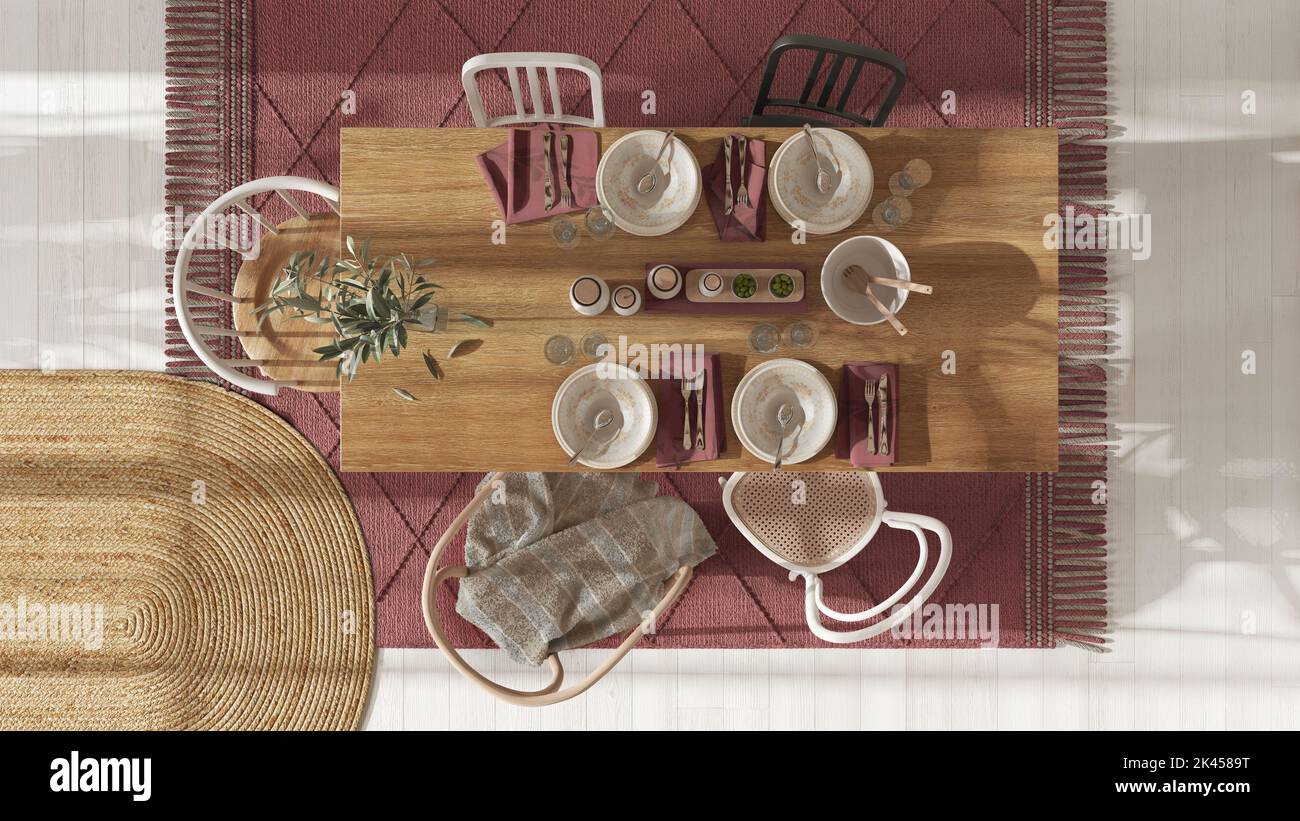 Wooden country dining table with table setting in white and red tones ...