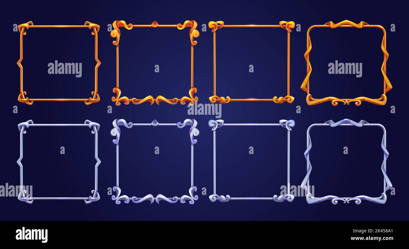 Set Of Square Golden And Silver Ui Game Frames With Cast Metal Decoration Vector Illustration