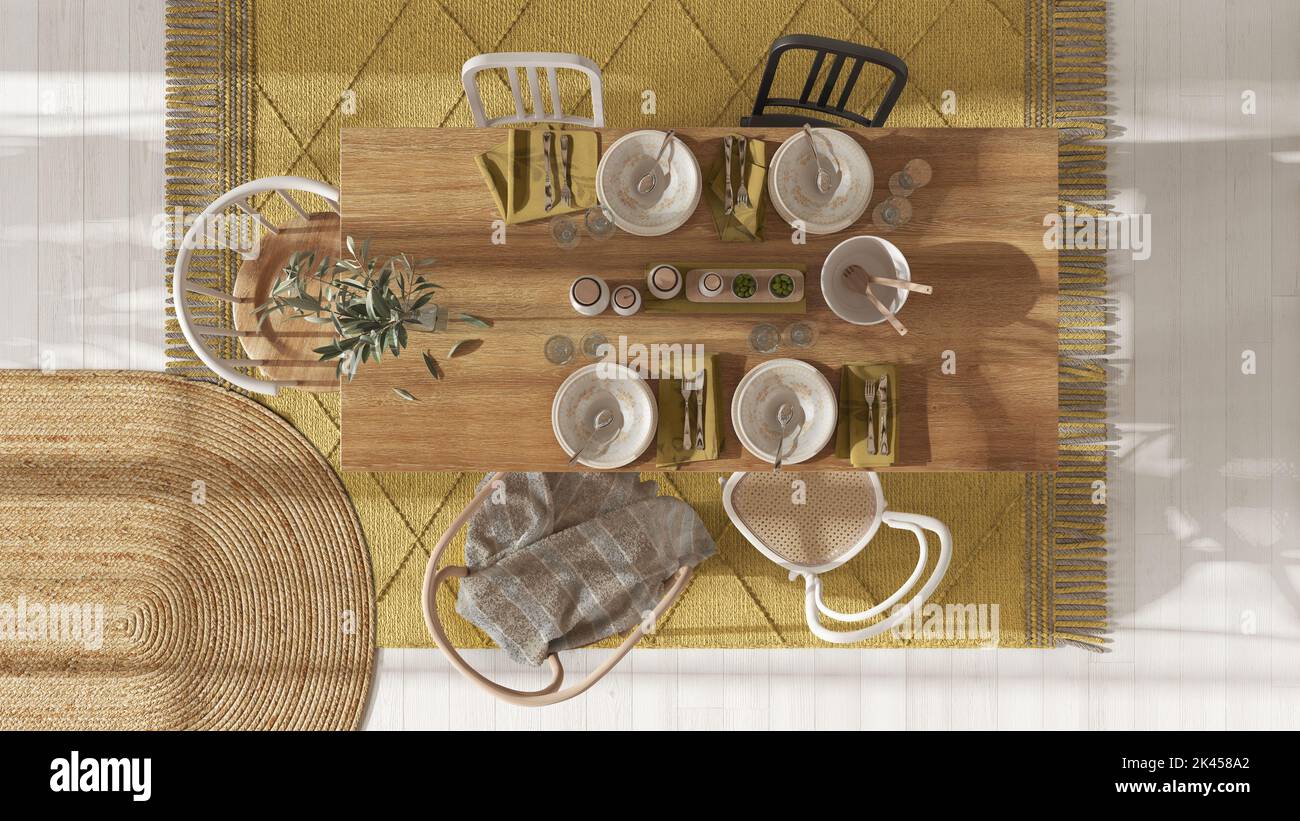 Wooden country dining table with table setting in white and yellow ...