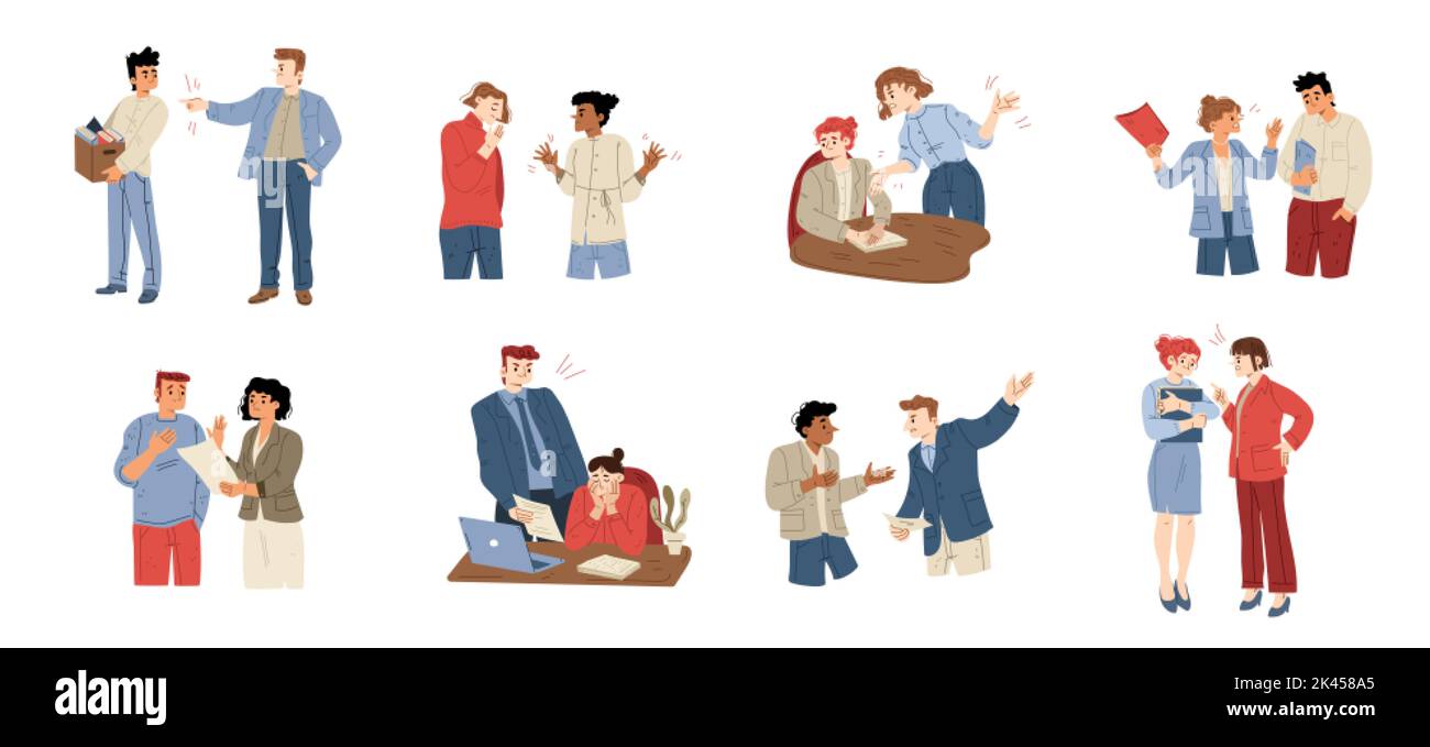 Angry boss yelling at employee, flat vector illustration set. Rude male ...