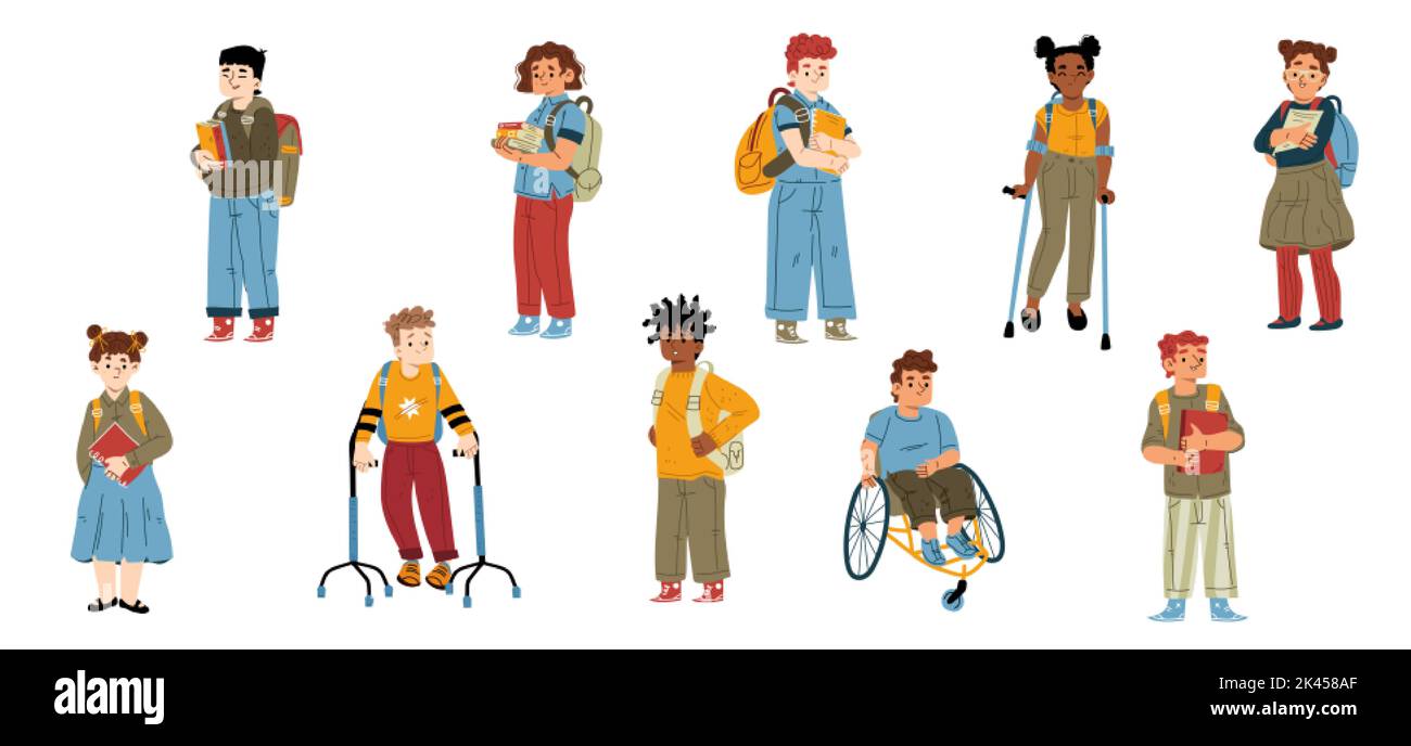 Disabled and healthy kids students, multiracial handicapped children ...