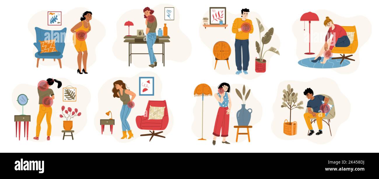 People feel pain, characters suffering of ache in different body parts ...