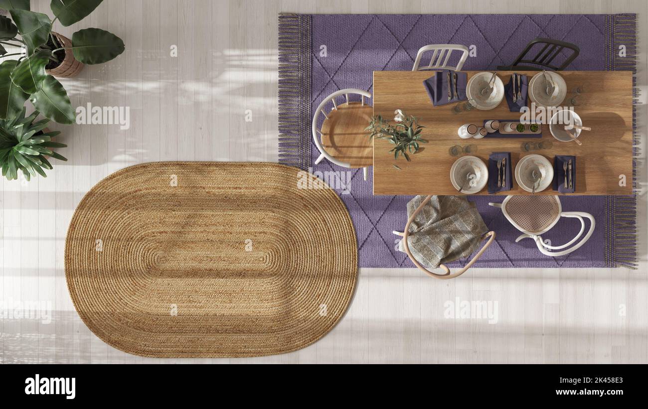 Wooden country dining table with table setting in white and purple ...