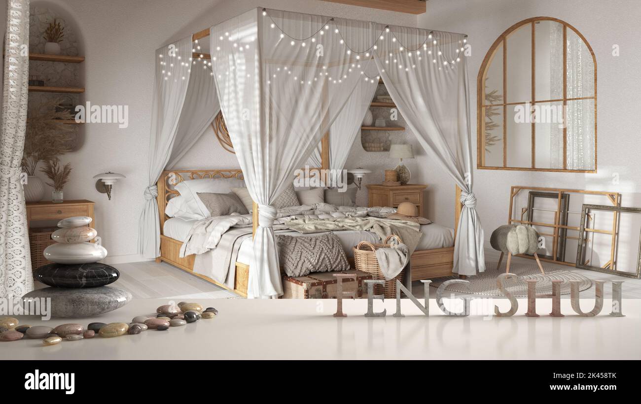 White table shelf with pebble balance over bohemian bedroom in boho ...