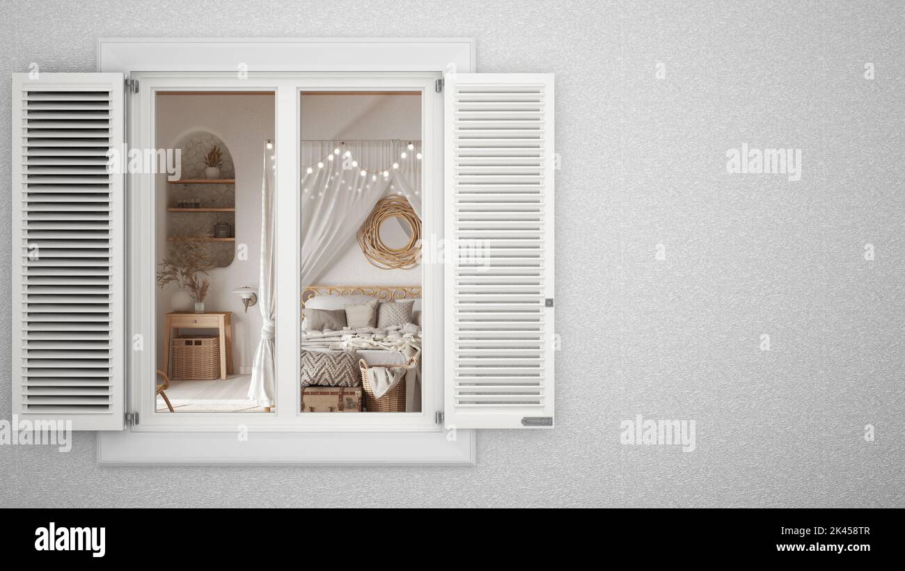 Exterior plaster wall with white window with shutters, showing interior ...