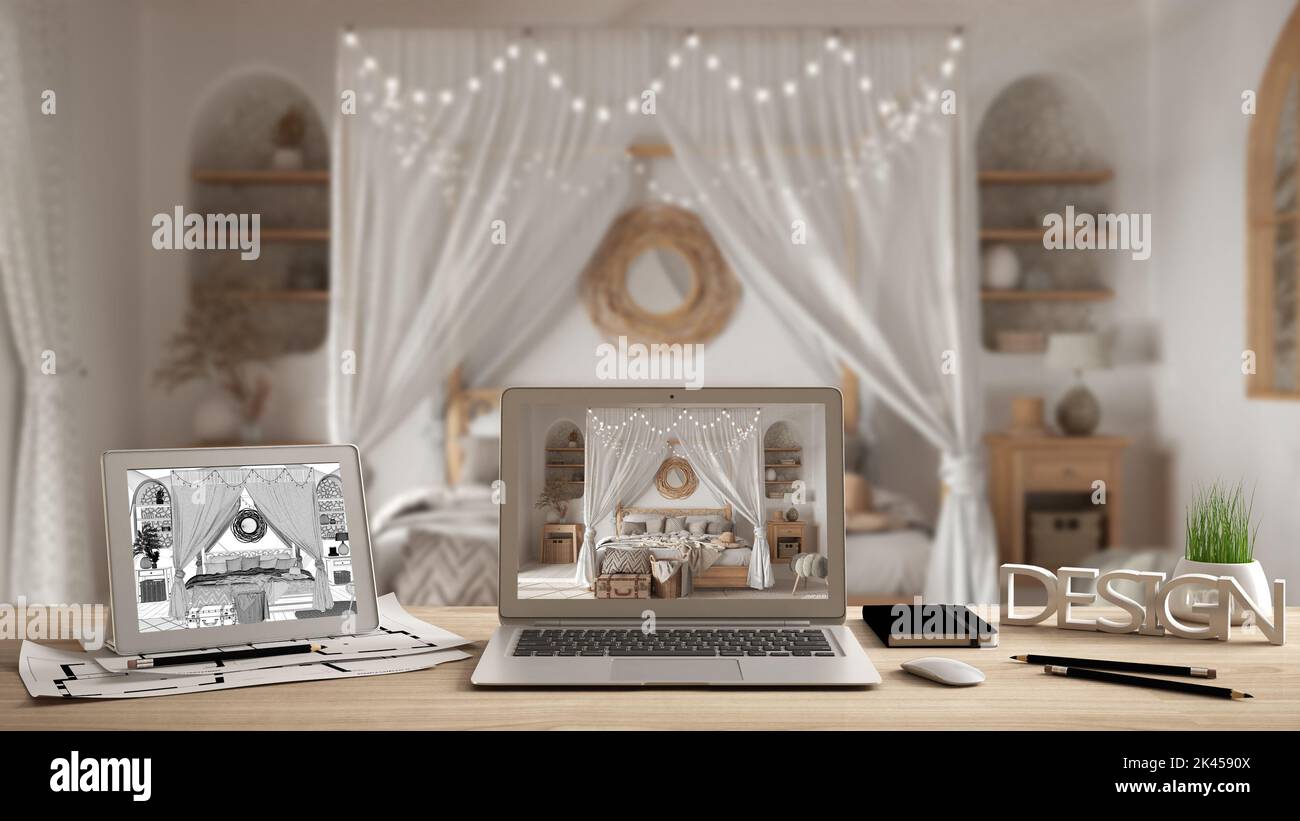 Architect designer desktop concept, laptop and tablet on wooden desk ...