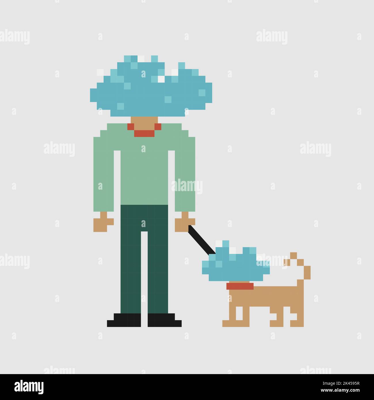 Pixel art man with dog with head in the cloud. Concept: head in the ...