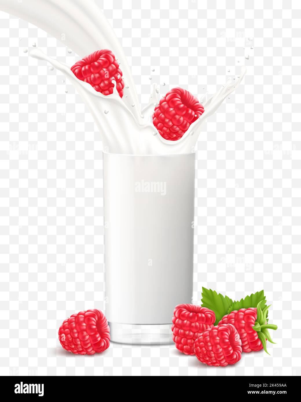 Raspberry falling in a glass of milk or yogurt. Sweet milk splashes ...