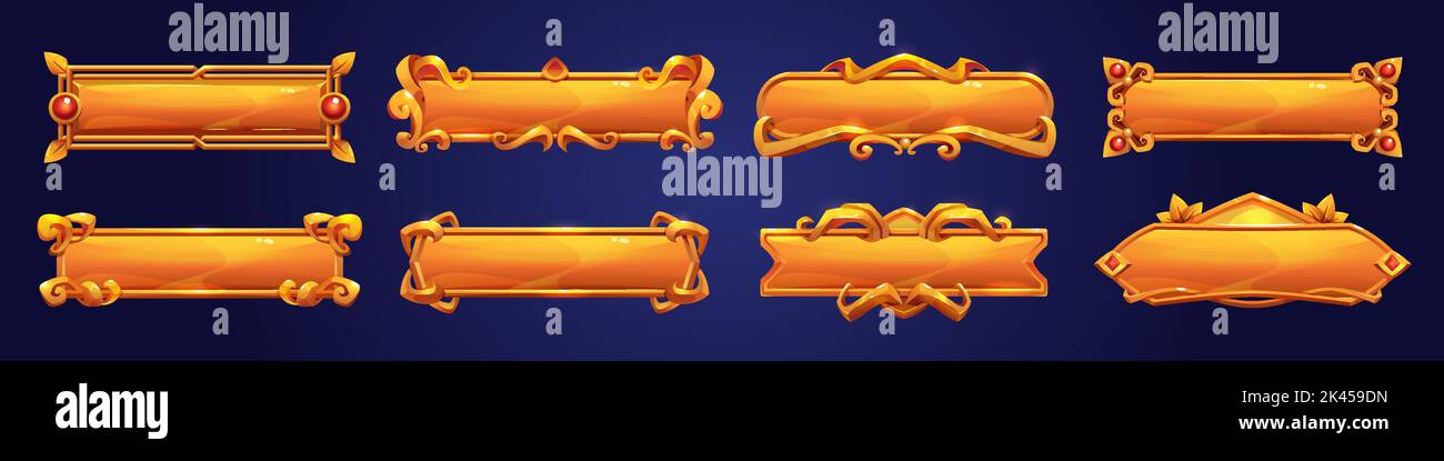 Golden game frames, medieval banners, buttons, ui menu elements, decorated gold borders with ...