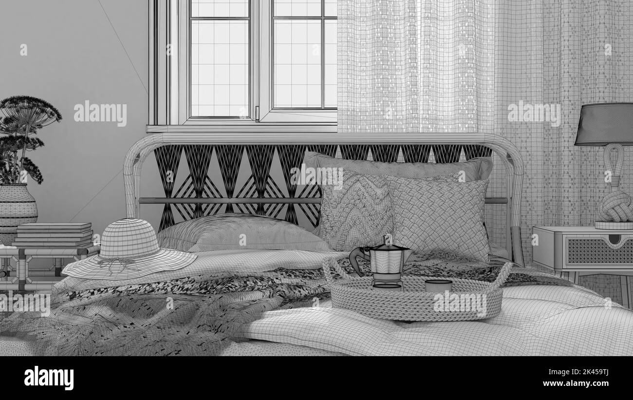 Blueprint unfinished project draft, country bed close up. Boho chic ...