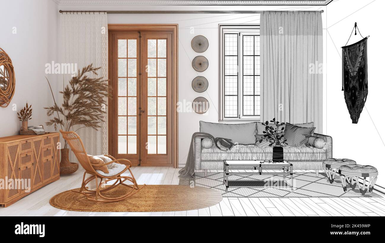 Architect interior designer concept: hand-drawn draft unfinished ...