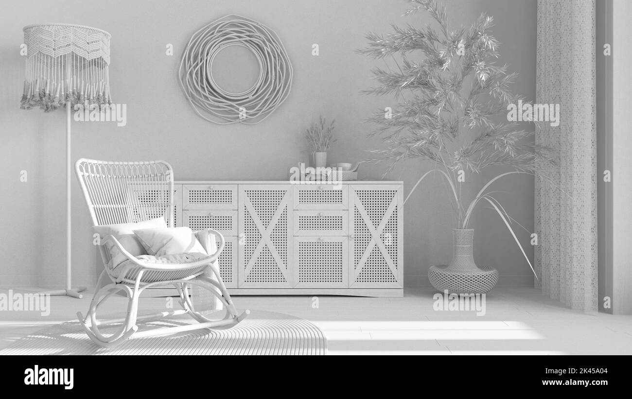Total white project draft, boho chic living room, rattan chest of ...