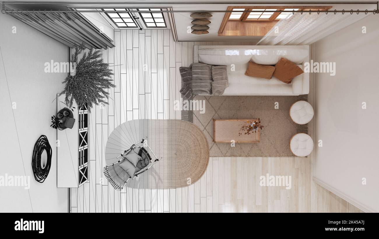Architect interior designer concept: hand-drawn draft unfinished ...