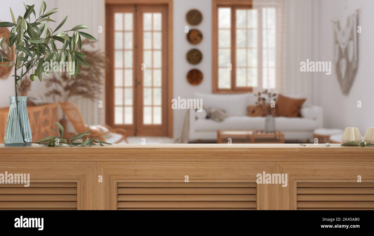 Wooden table top, cabinet, panel or shelf with shutters close up. Olive ...