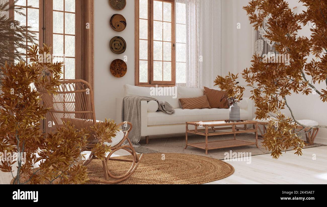 Orange yellow and red fall leaves, tree branch over interior design ...