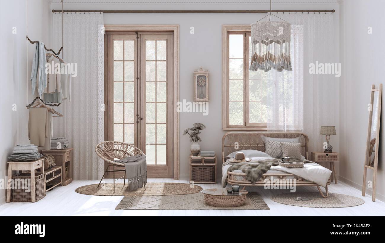 Boho chic farmhouse bedroom with rattan bed and furniture. Jute carpet ...