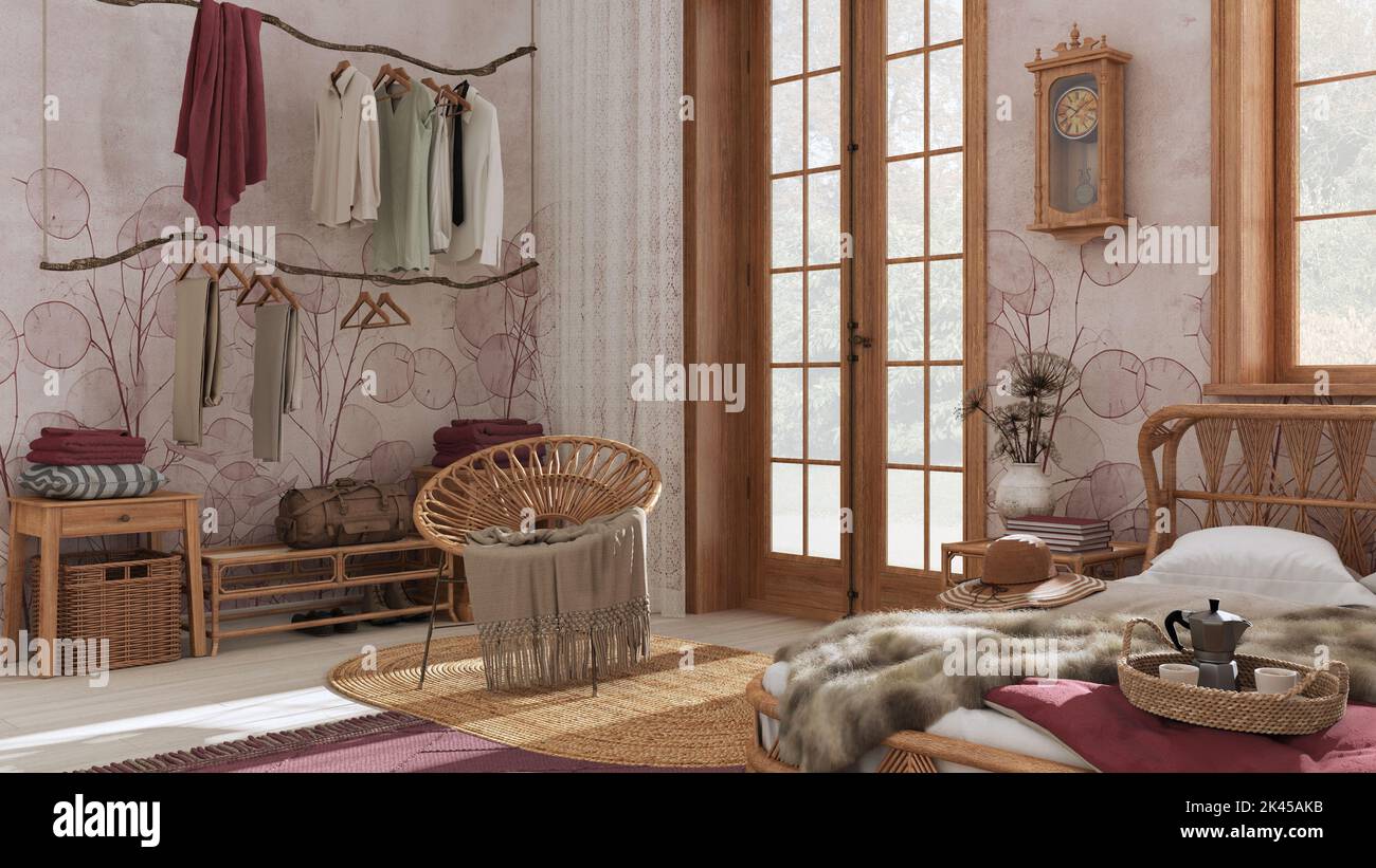 Boho chic farmhouse bedroom with rattan bed, rustic walk in closet and ...
