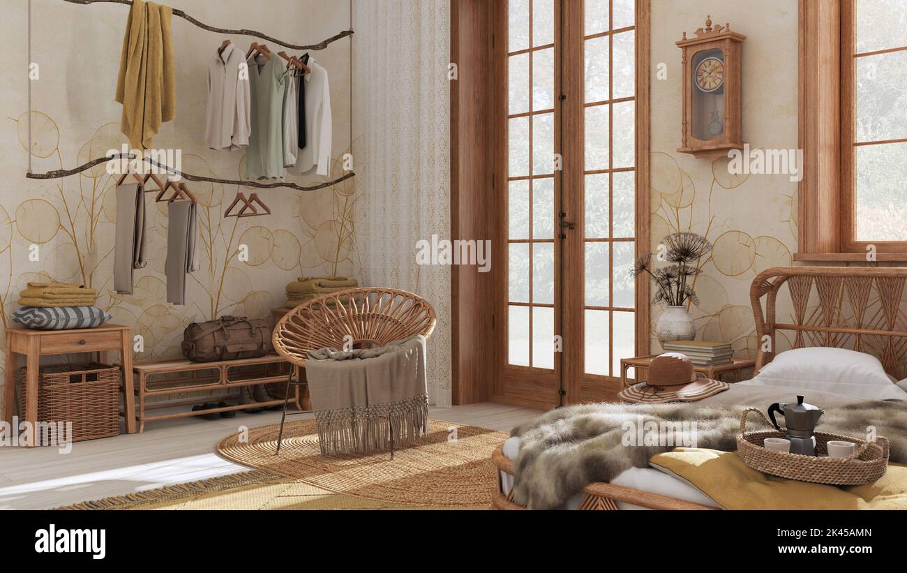 Boho chic farmhouse bedroom with rattan bed, rustic walk in closet and ...