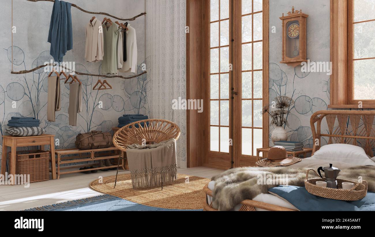 Boho chic farmhouse bedroom with rattan bed, rustic walk in closet and ...