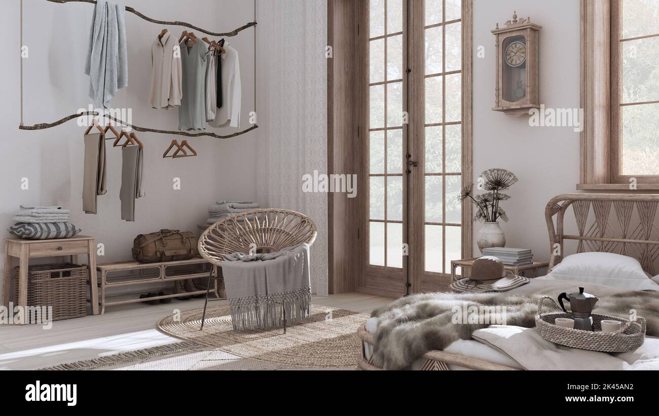 Boho chic farmhouse bedroom with rattan bed, rustic walk in closet and ...
