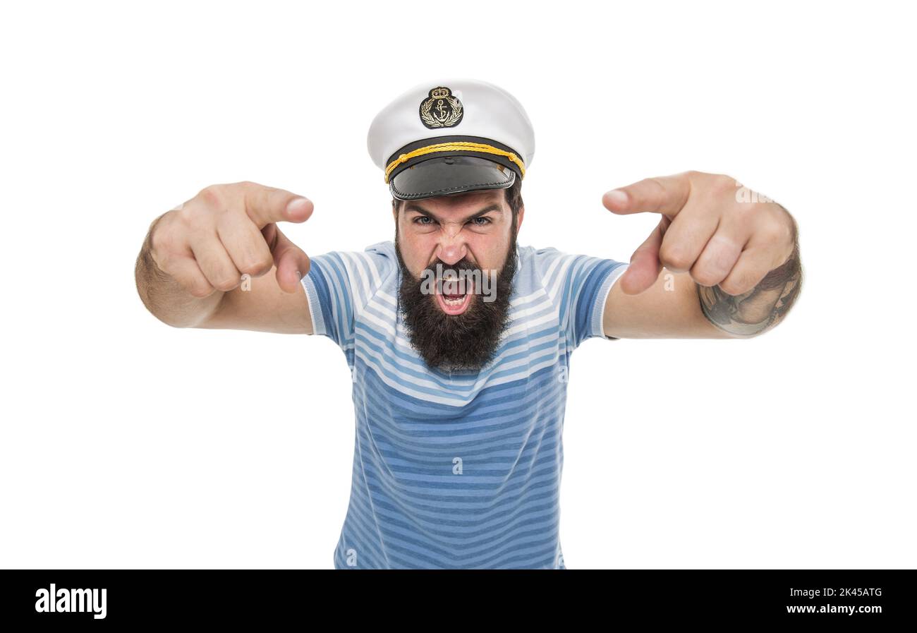 Hey you. Sailor spirit. Bearded sailor pointing camera isolated on ...