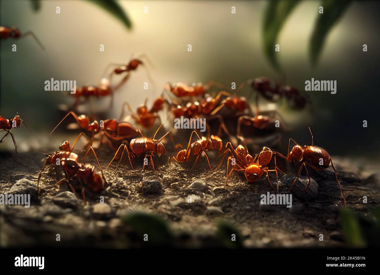 Close-up of red ants working hard foraging food into their anthill ...